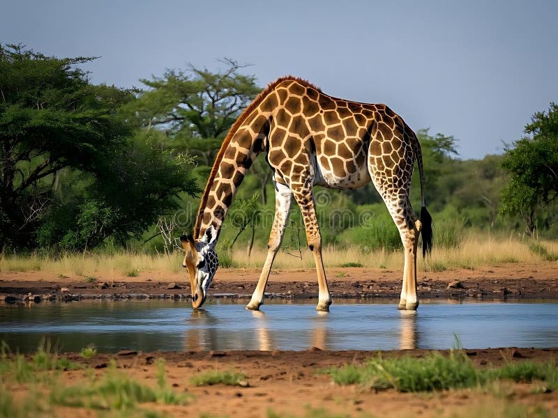 Giraffe Drinking Water at a Reflection Pool Stock Illustration ...