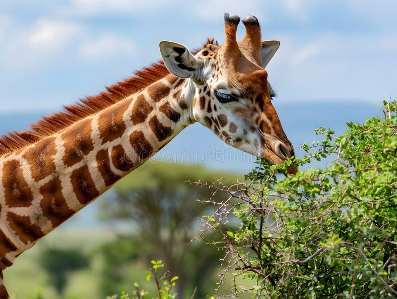 Giraffe Eating Leaves from a Tall Tree Stock Illustration ...