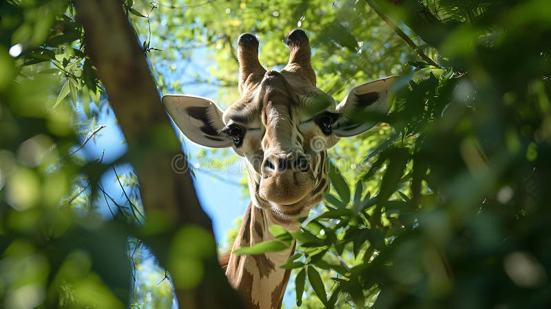 Giraffe Eating Leaves from a Tall Tree Stock Illustration ...