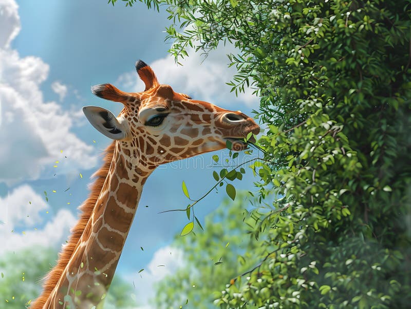 Giraffe Eating Leaves from a Tall Tree Stock Illustration ...
