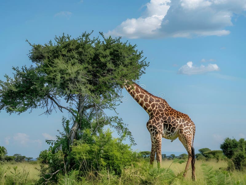 Giraffe Eating Leaves from a Tall Tree Stock Illustration ...