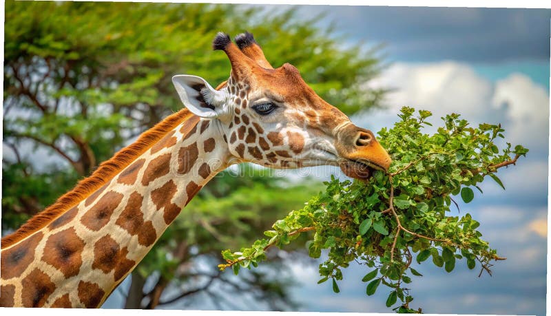 A Giraffe Eating Leaves from the Top Branches of a Tree Stock ...