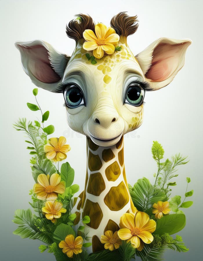 Giraffe with Flowers Isolated Stock Photo - Image of poster, animals ...