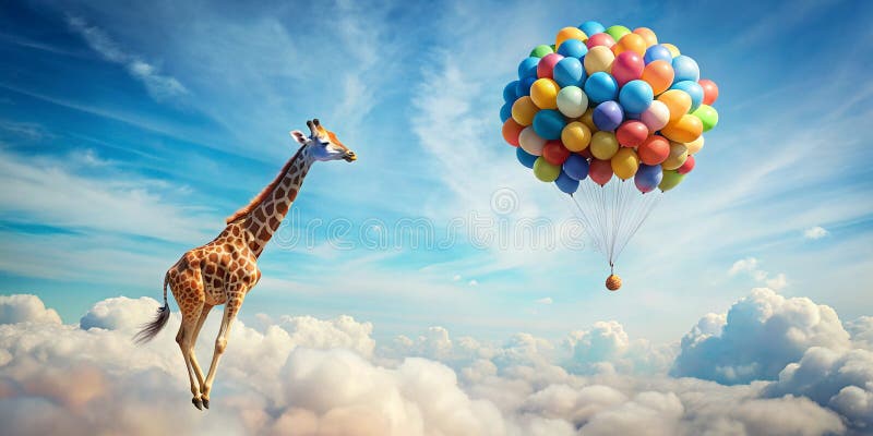 Giraffe Flying in the Sky with Balloons 3d Rendering AI Generated Stock ...