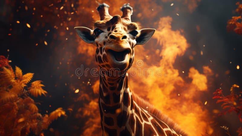 Giraffe in the Forest with a Fire Stock Illustration - Illustration of ...