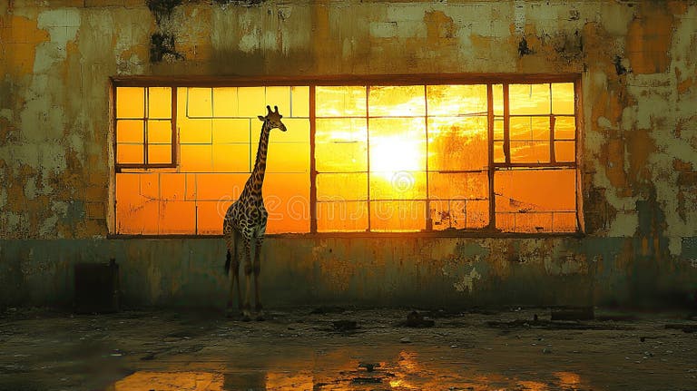A Giraffe Gazes through a Window at Sunset in a Dilapidated Building ...