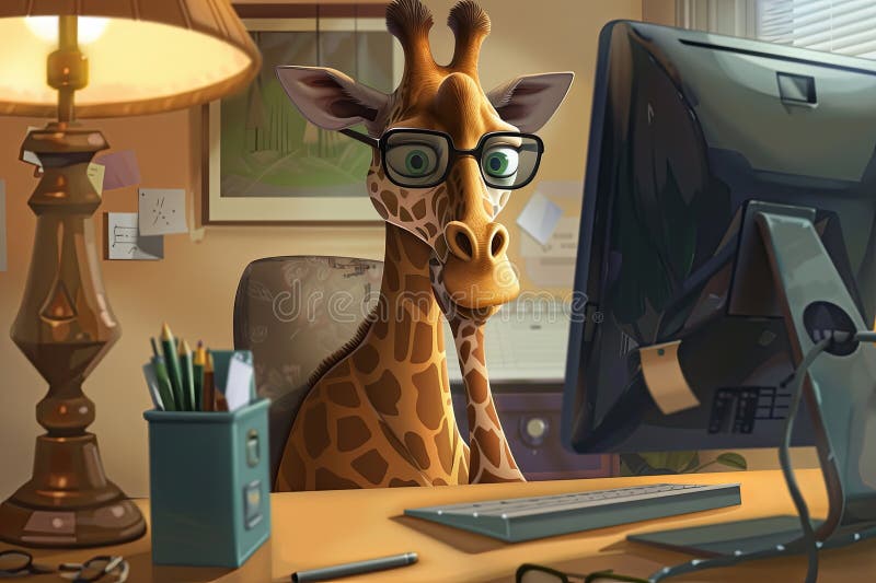 Giraffe with Glasses Sitting in Front of a Computer and Typing on the ...