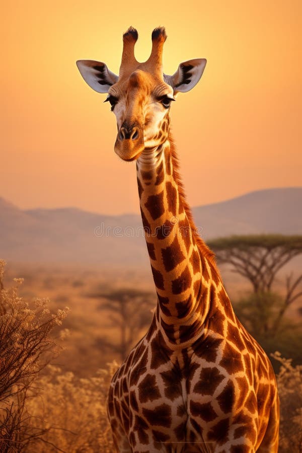 Giraffe in the Golden Savannah. Giraffe Standing in the Field at Sunset ...