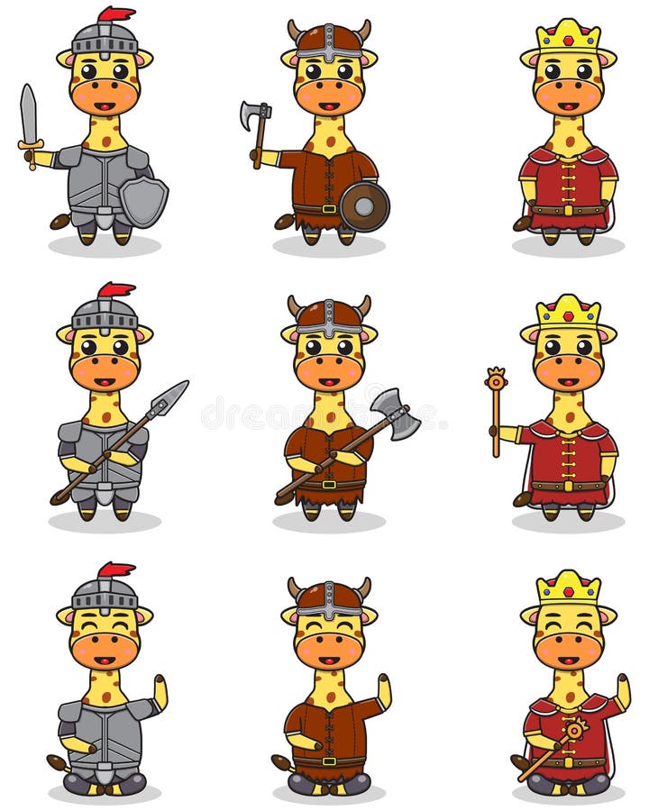 Vector Illustrations of Giraffe Characters in Various Medieval Outfits ...