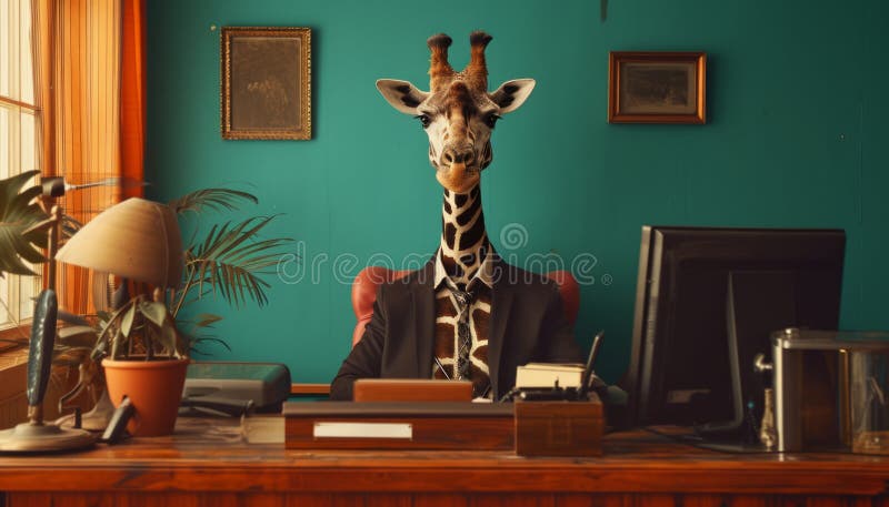A Giraffe Like a Boss Sitting Behind a Desk in Style of Anthropomorphic ...