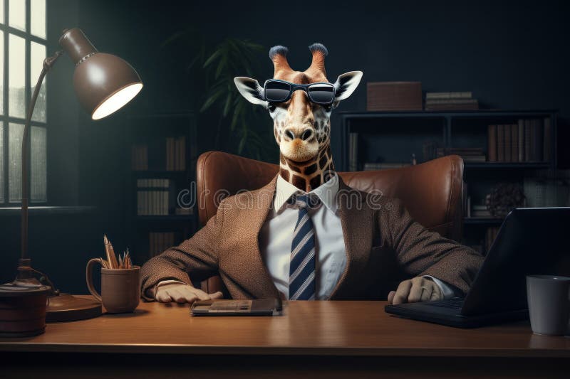 A Giraffe Like a Boss Sitting Behind a Desk in Style of Anthropomorphic ...