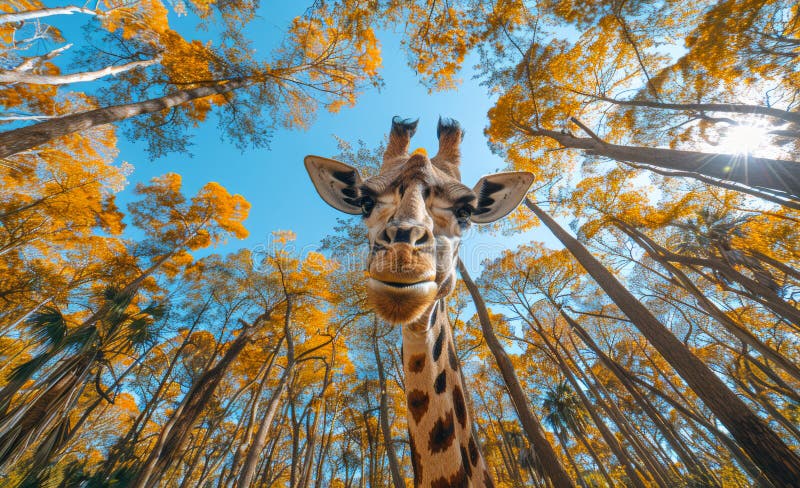 Giraffe Looking Up To the Camera in the Middle of the Forest with Trees ...