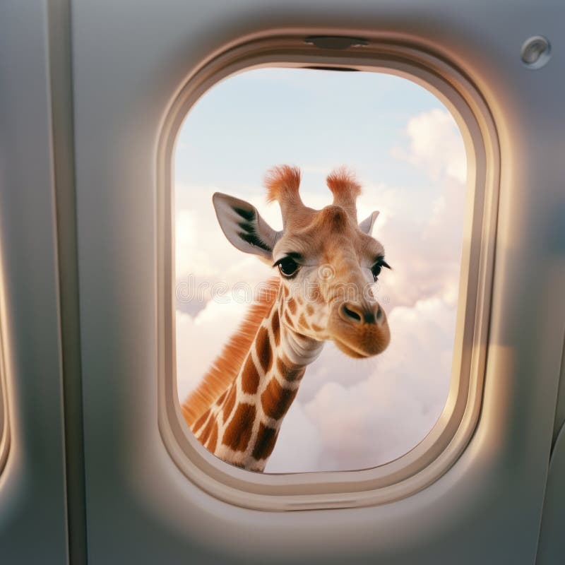 Giraffe Looking through the Window of an Airplane. 3d Rendering Stock ...