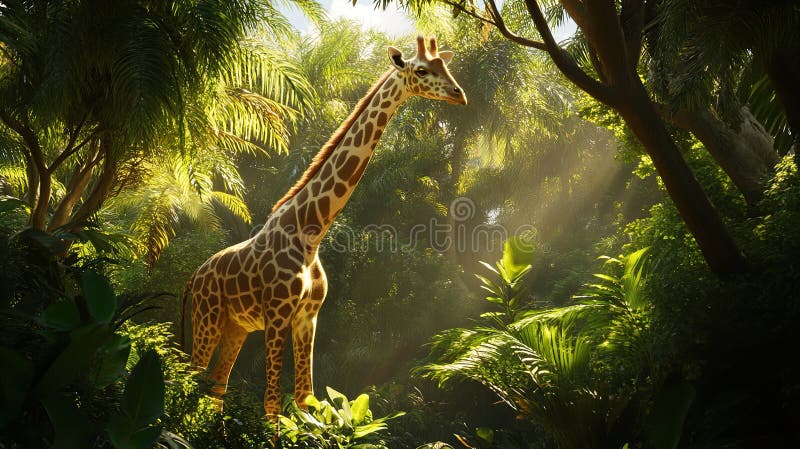 Giraffe in Lush Green Tropical Jungle Sunlight Stock Photo - Image of ...