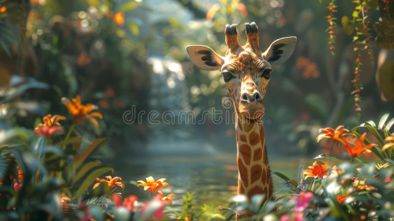 Giraffe in a Lush Jungle - Generative Ai Stock Illustration ...