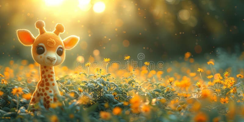Giraffe in the Meadow with Yellow Flowers. Stock Image - Image of space ...