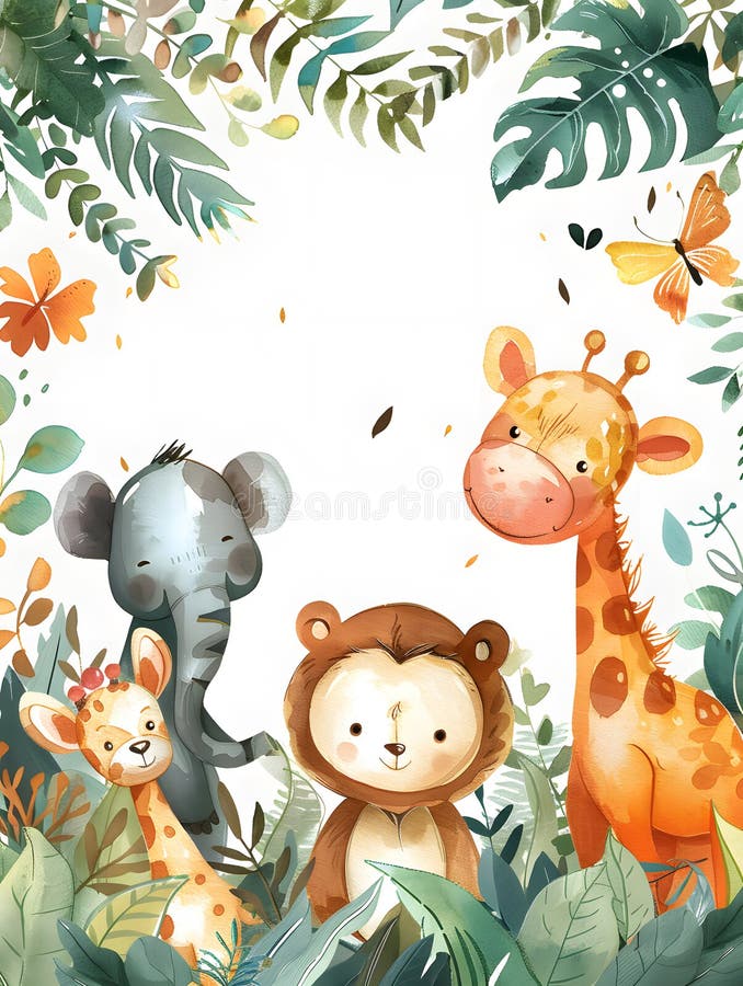 Giraffe, Monkey, Elephant, and Mouse Sitting Together in the Jungle ...