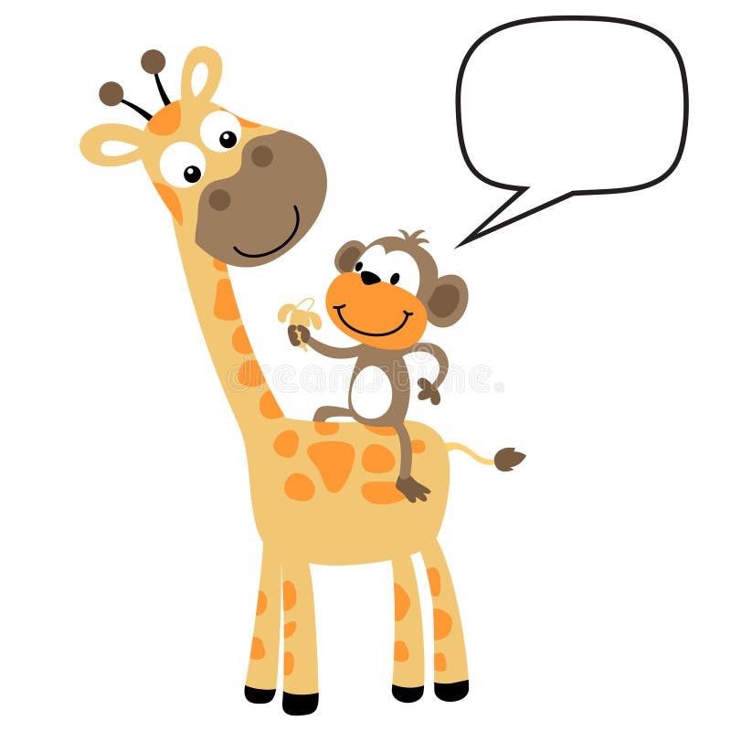Giraffe and Monkey on White Background, Vector Cartoon Illustration ...