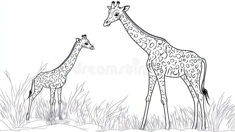 Mother and Baby Giraffe in Outline Style, Standing in Tall Grass, Black ...