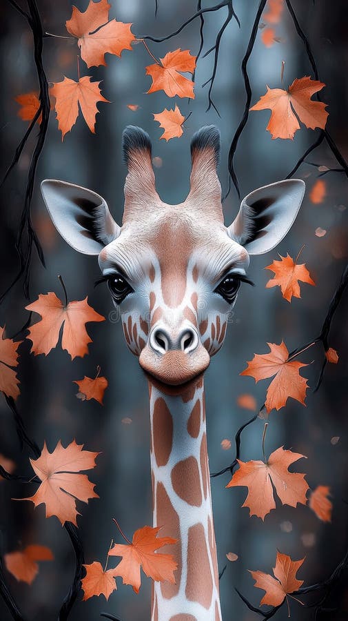 The Giraffe Moves with Elegance through the Fall Foliage of a Peaceful ...
