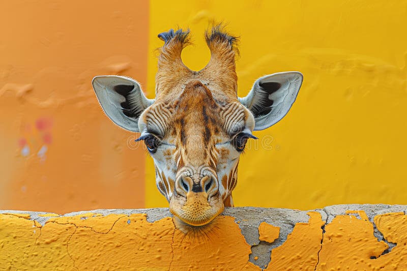 Giraffe Peeking Over Vibrant Yellow Wall Stock Illustration ...