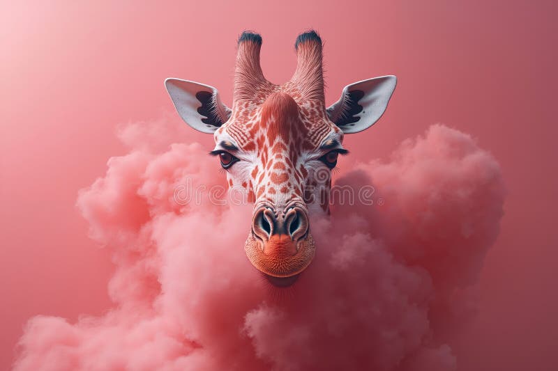 A Giraffe with a Pink Background and a Pink Cloud of Smoke Stock Photo ...