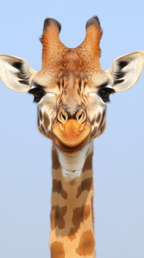 A Giraffe is Positioned Facing the Camera with a Clear Blue Sky Behind ...