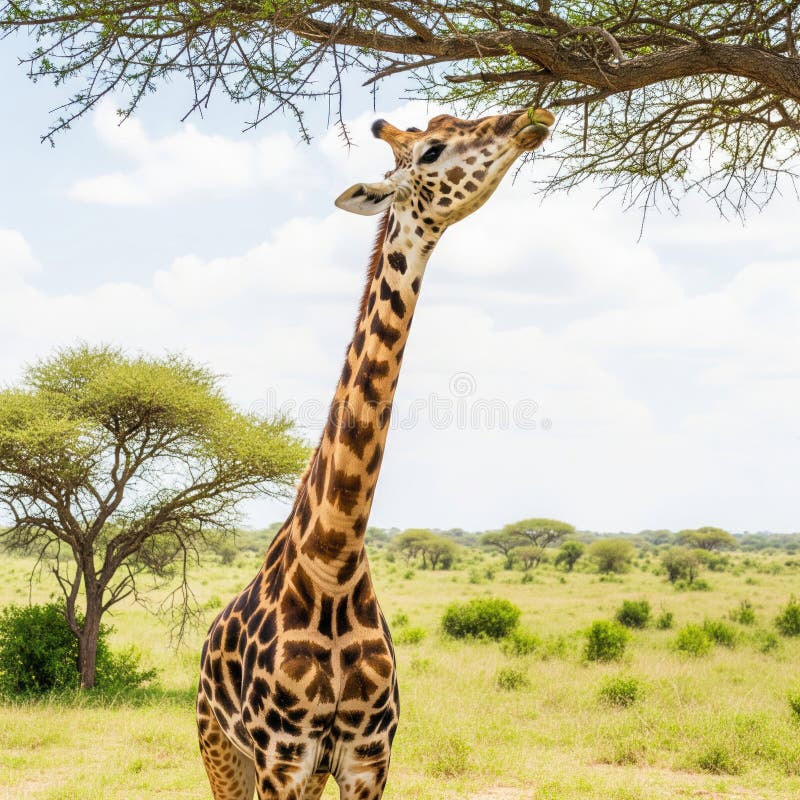 A Giraffe Reaches for a Tree Branch in the Savannah. Stock Photo ...