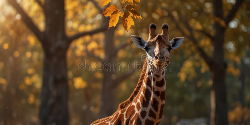 Giraffe Reaching for Autumn Leaves in Golden Sunlight. Stock Image ...