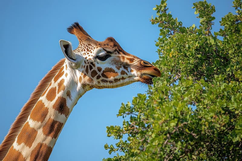 Giraffe Reaching for Leaves in Tree Stock Illustration - Illustration ...