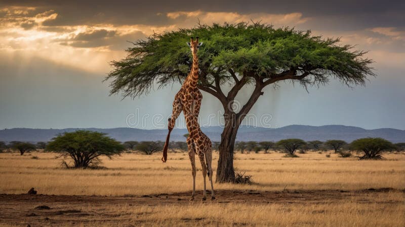 A Giraffe Reaching for Leaves on a Tree in a Serene Savanna Landscape ...