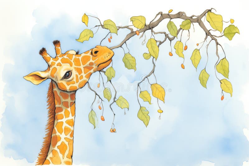 A Giraffe Reaching Up To Eat Leaves from a Tree Stock Illustration ...