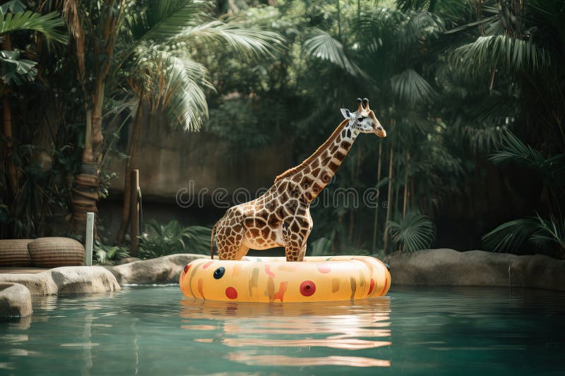 A Giraffe Relaxing on Inflatable Rubber Ring in Swimming Pool on a ...
