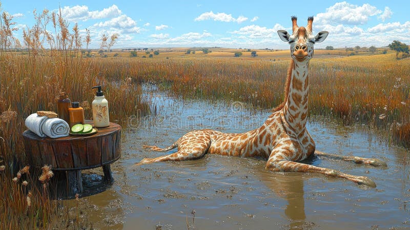 Giraffe Relaxing in Wetlands with Spa Setup in Serene Landscape Stock ...