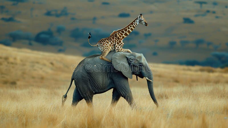 Giraffe Riding an Elephant on Field . Generative Ai Stock Illustration ...
