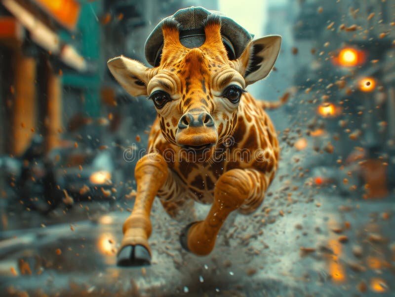 Giraffe Running through the Streets of City with Helmet on Stock Image ...