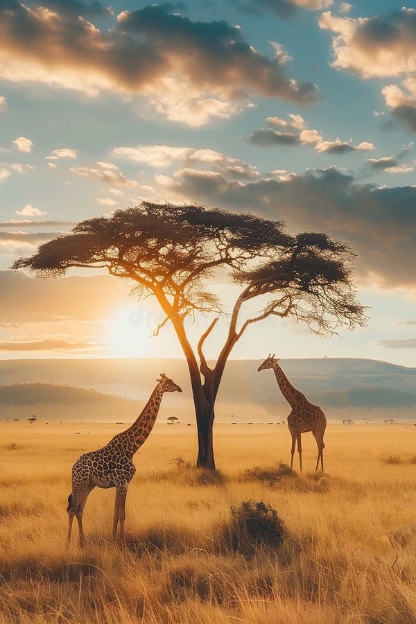 Giraffe at Savanna on Sunset .Generative Ai Stock Illustration ...