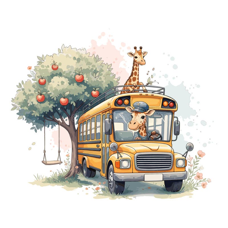 Giraffe School Bus Watercolor Sublimation Stock Vector - Illustration ...