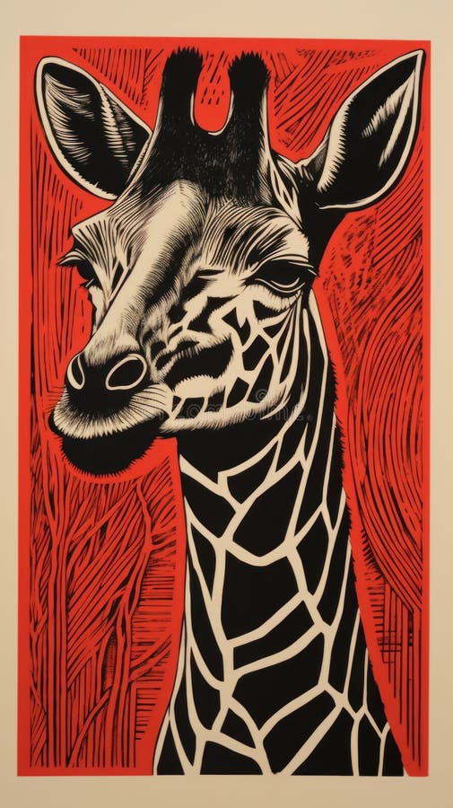 A Giraffe is Shown in a Red and Black Print, AI Stock Illustration ...