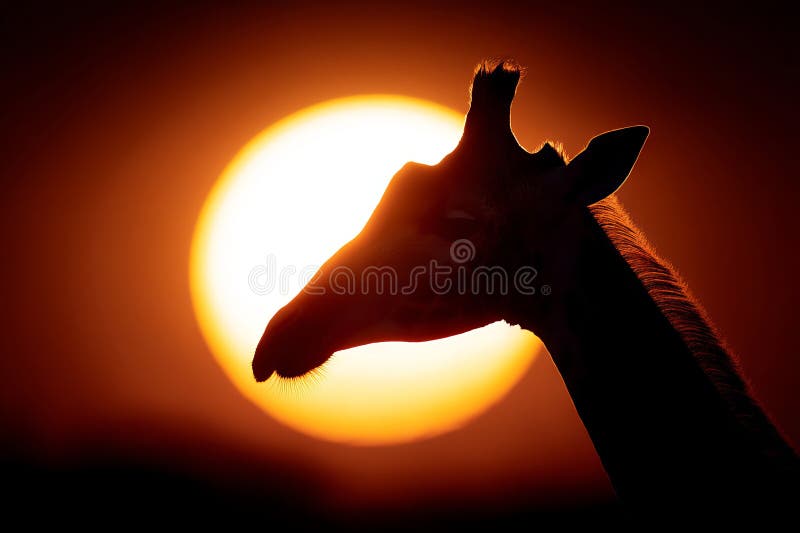 A Giraffe is Silhouetted Against the Setting Sun in the Dark Stock ...