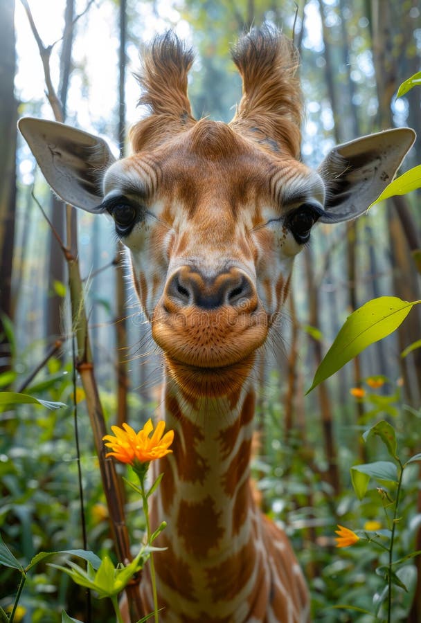 A Giraffe is Standing in a Field of Flowers, Looking at the Camera ...