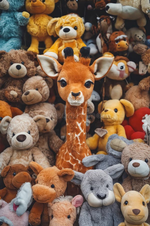 A Giraffe Standing in Front of a Pile of Stuffed Animals. Generative AI ...