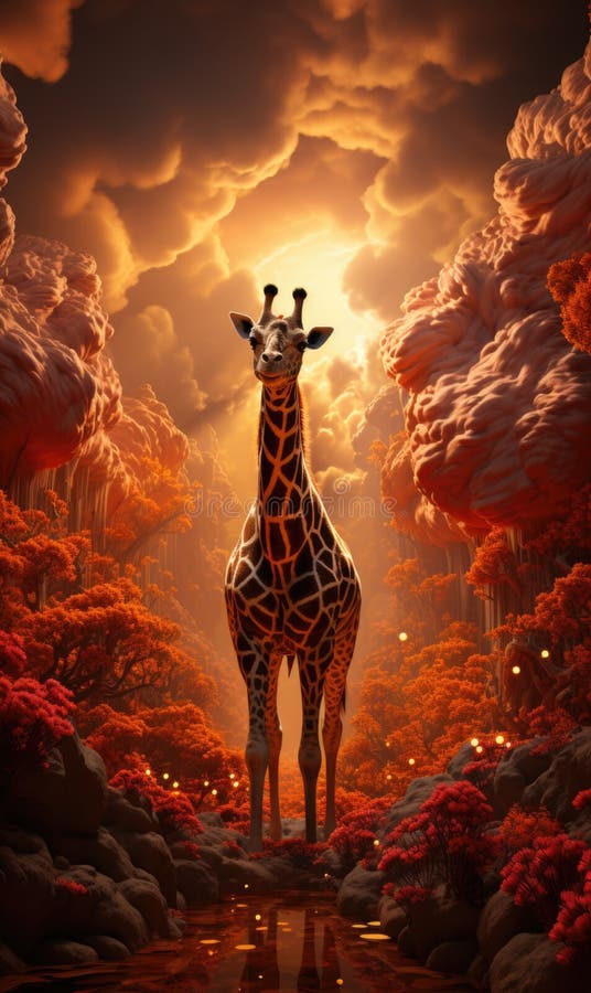 A Giraffe Standing in Front of a Red Sky, AI Stock Photo - Image of ...