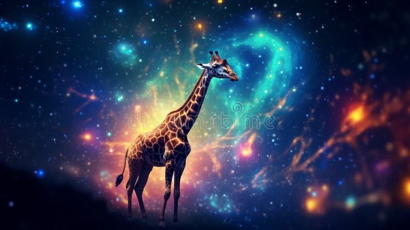 A Giraffe Standing in the Middle of a Space Filled with Stars Stock ...