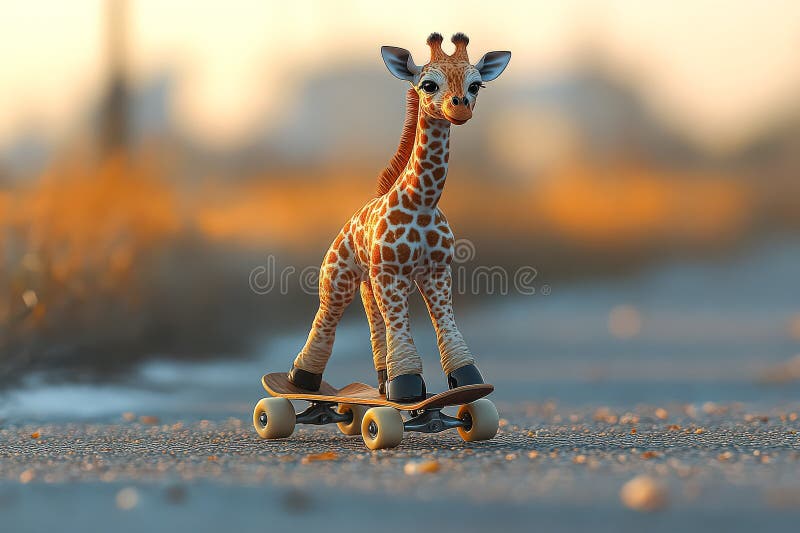 Giraffe is Standing on a Skateboard. Stock Photo - Image of endangered ...