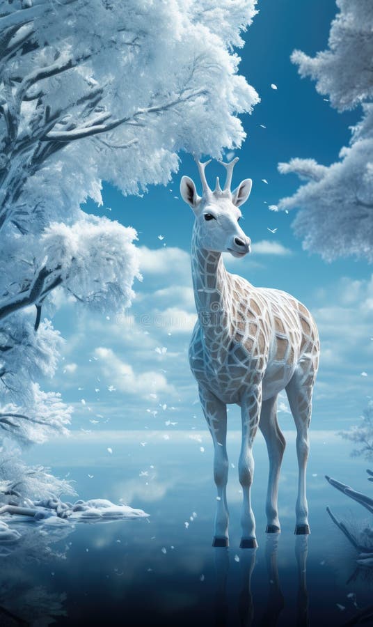 A Giraffe Standing in the Snow Surrounded by Trees, AI Stock Image ...