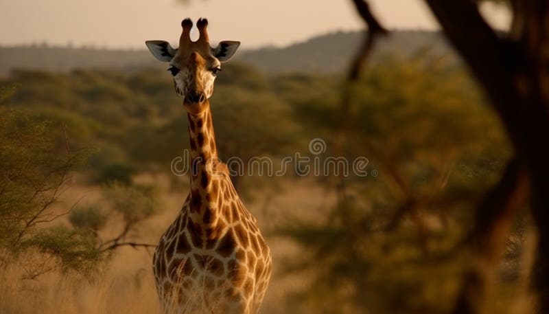 Giraffe Standing Tall, Looking at Camera in African Savannah Generated ...