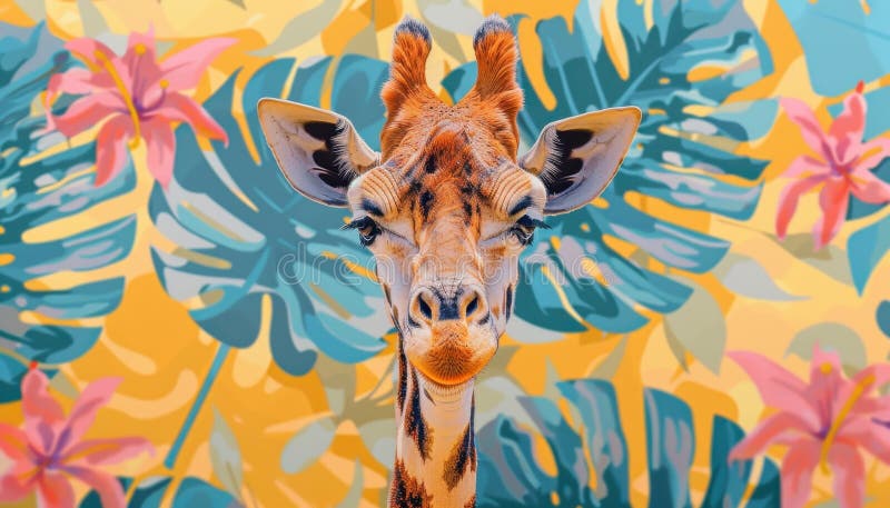 Giraffe Posing Against a Vibrant Floral Backdrop in a Zoo Setting Stock ...