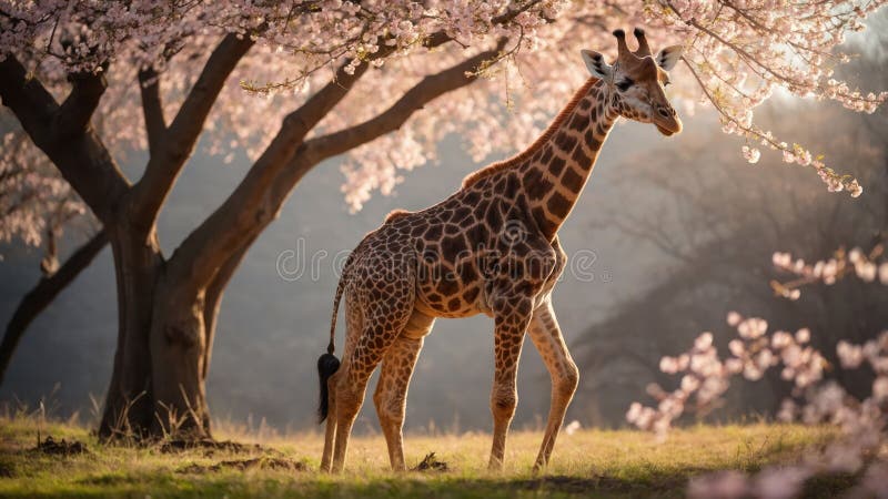 Giraffe Under Cherry Blossom Tree, Springtime Safari Stock Illustration ...