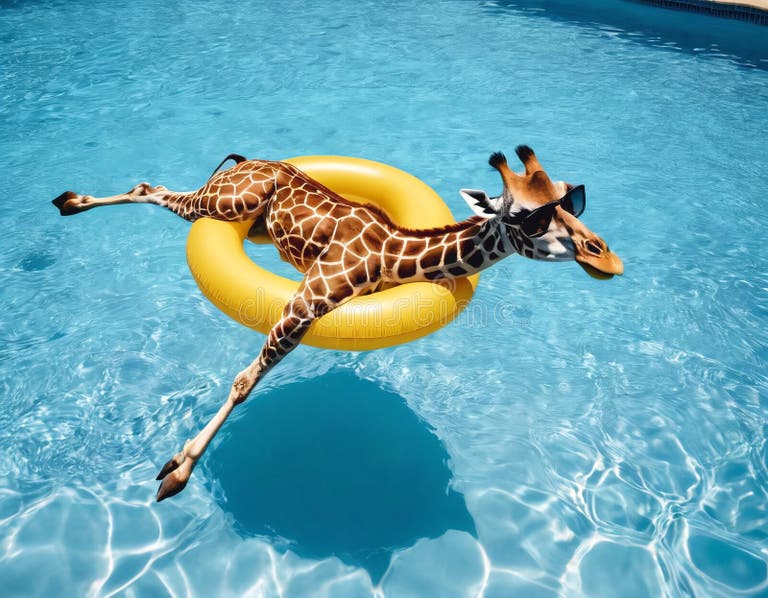 Giraffe in a Swimming Pool with Inflatable Ring and Sunglasses Stock ...
